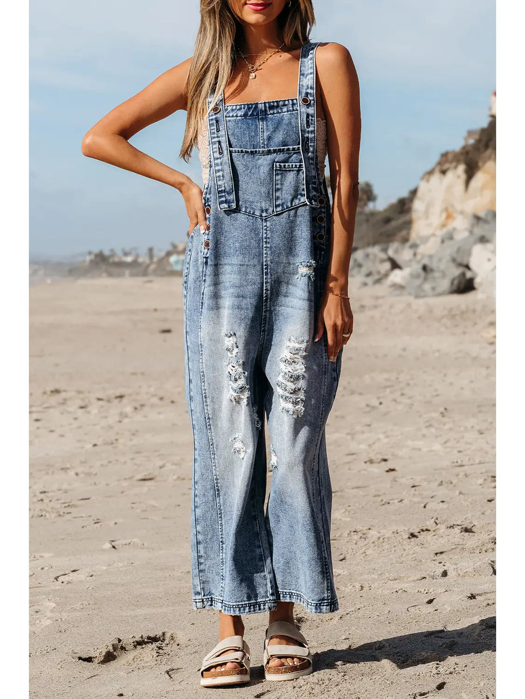 Distressed Bib Pocket Wide Leg Denim Overall – Sugarboo & Co