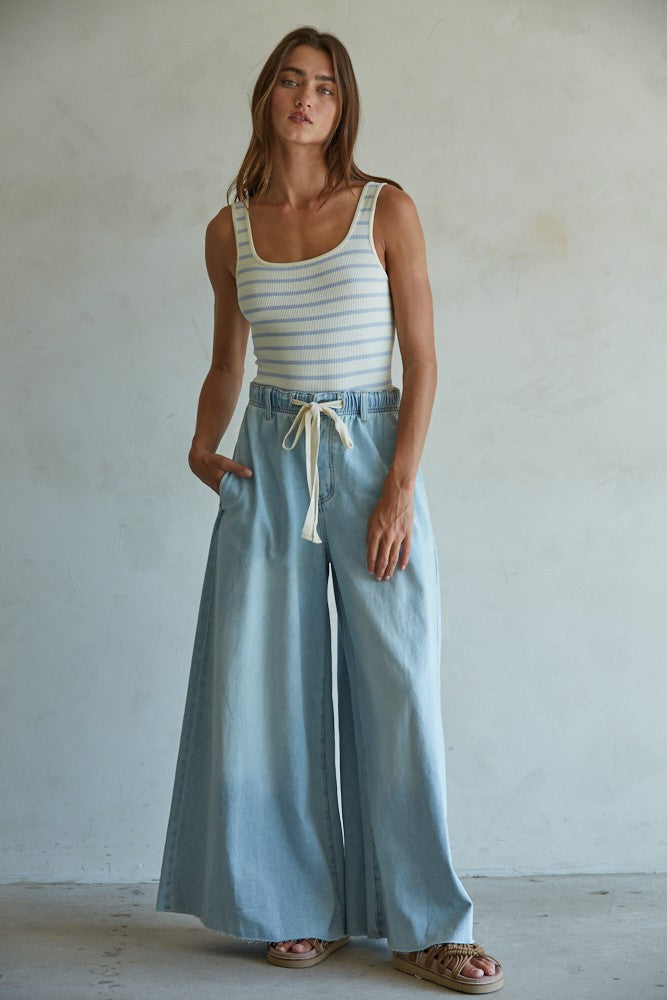 Denim Drawstring Waist Band Wide Leg Pants – Sugarboo & Co