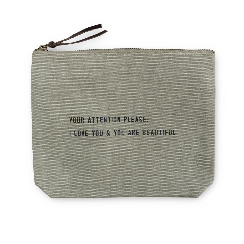 Your Attention Please Canvas Zip Bag- Sage – Sugarboo & Co